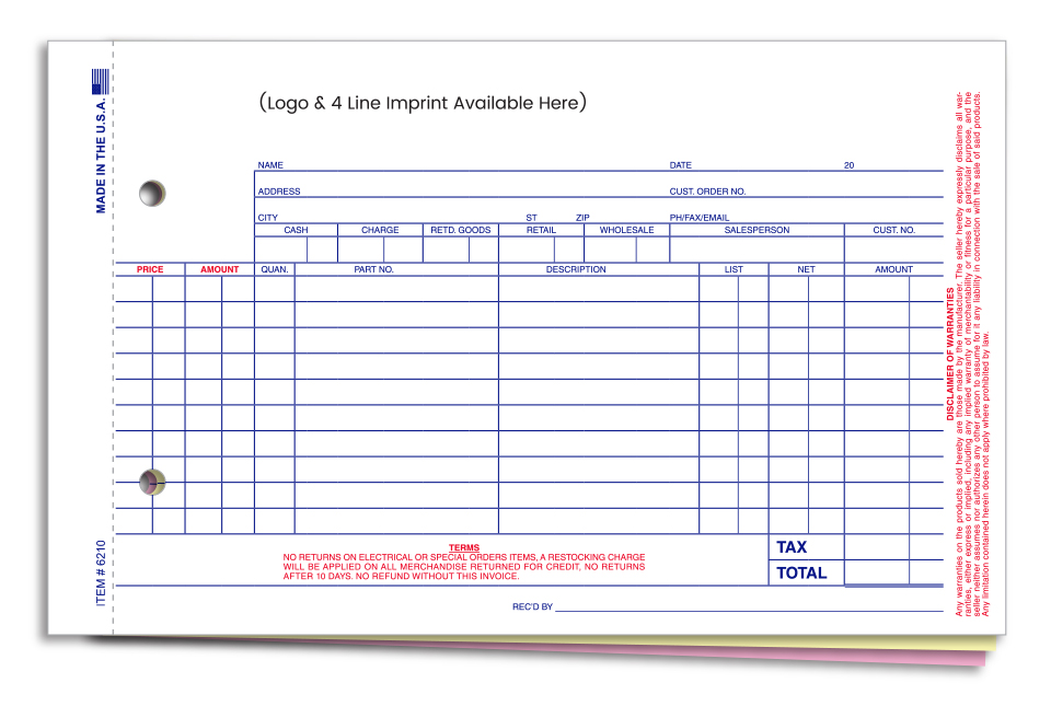 Parts Invoice - Custom Imprinted - 500pc - item 6210 ...